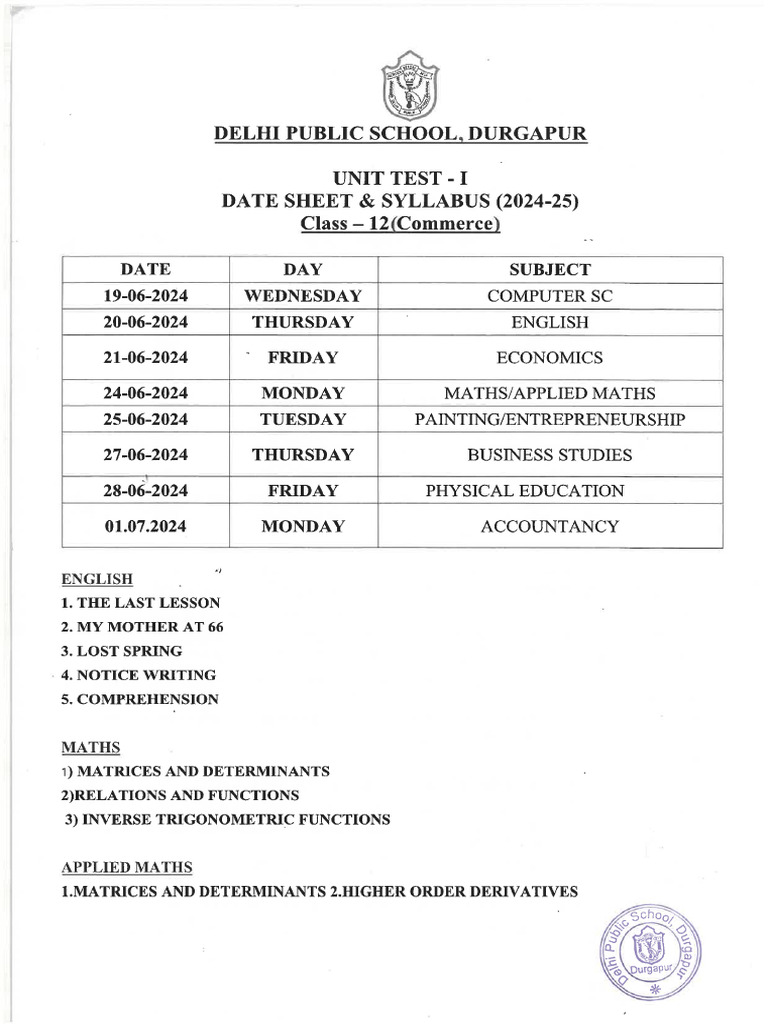 Date Sheet Class-12 Commerce | PDF