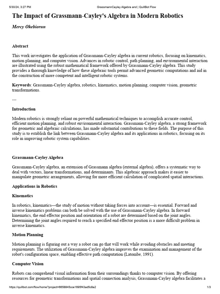 Grassmann-Cayley Algebra in Robotics | PDF | Computer Vision | Robotics