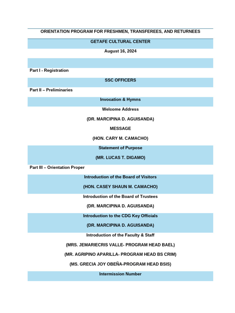 Orientation Program For Freshmen | PDF