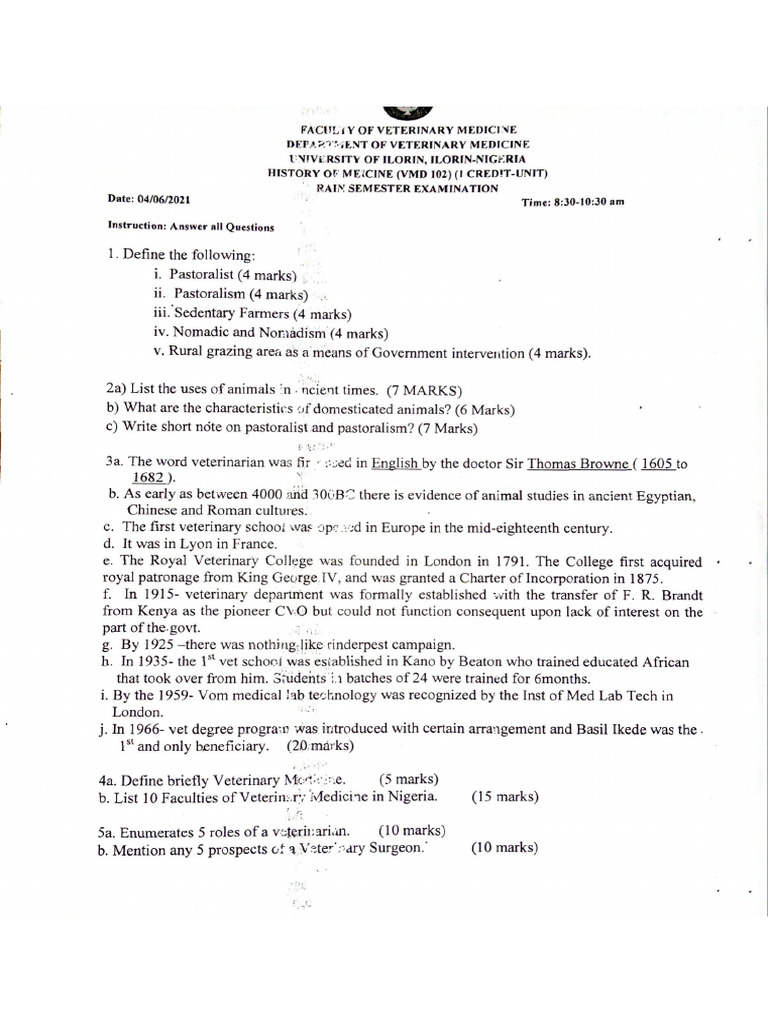 VMD 102 PQ&ANS For 100lvl | PDF