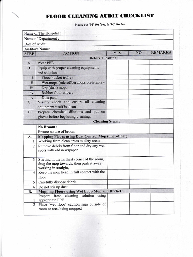 Hospital Cleaning Audit Checklist | PDF