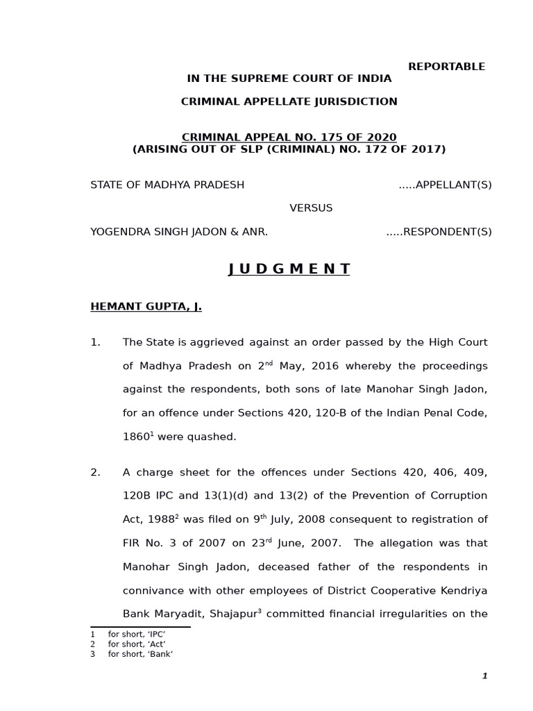 State of Madhya Pradesh v. Yogendra Singh Jadon & Anr. | PDF | Criminal Procedure In South ...