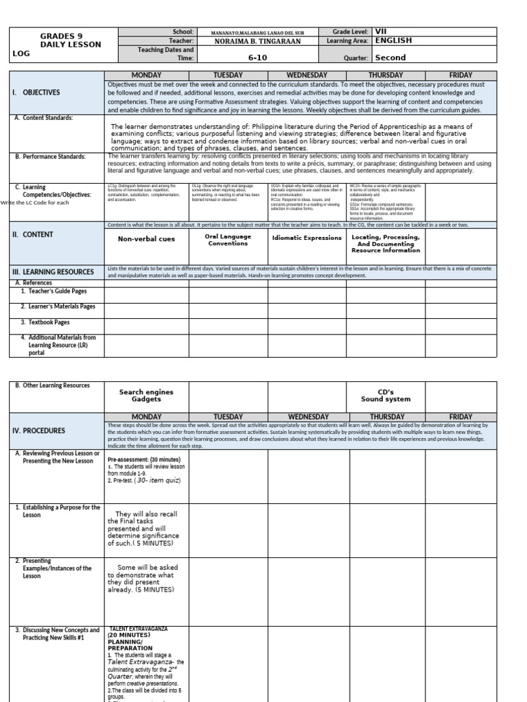 Grade 7 English 2nd Quarter DLL | PDF | Learning | Nonverbal Communication