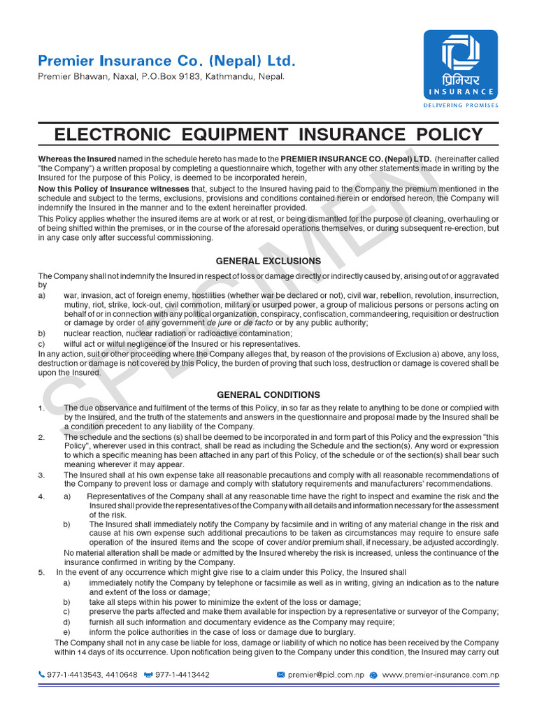 Electronic Equipment Policy | PDF | Indemnity | Insurance
