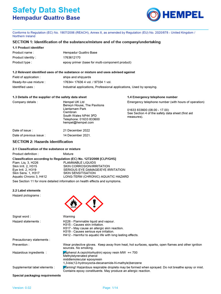 Safety Data Sheet: Hempadur Quattro Base | PDF | Safety | Toxicology