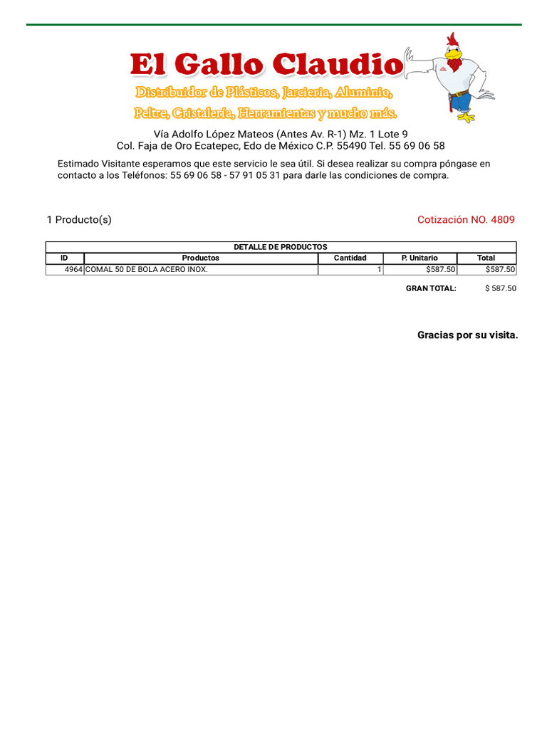 Gallo Claudio: Cotización de Productos | PDF