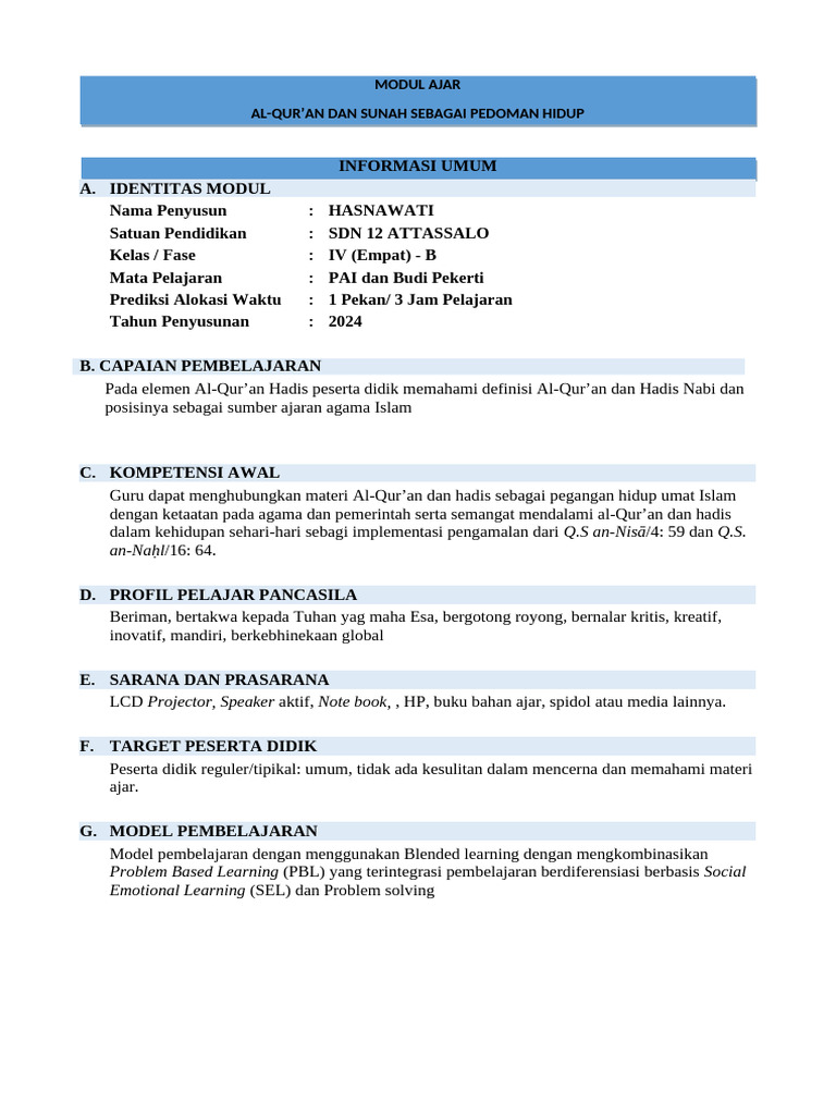 Modul Ajar Kelas 7 PAI - PBL Bahrun Nur | PDF