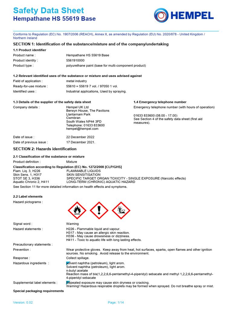 Safety Data Sheet: Hempathane HS 55619 Base | PDF | Personal Protective ...