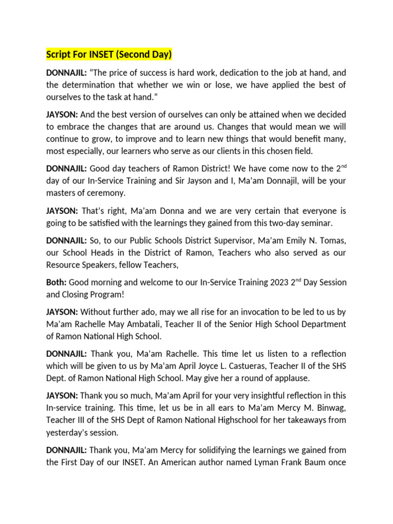 Script For INSET Day 2 | PDF | Learning | Behavior Modification