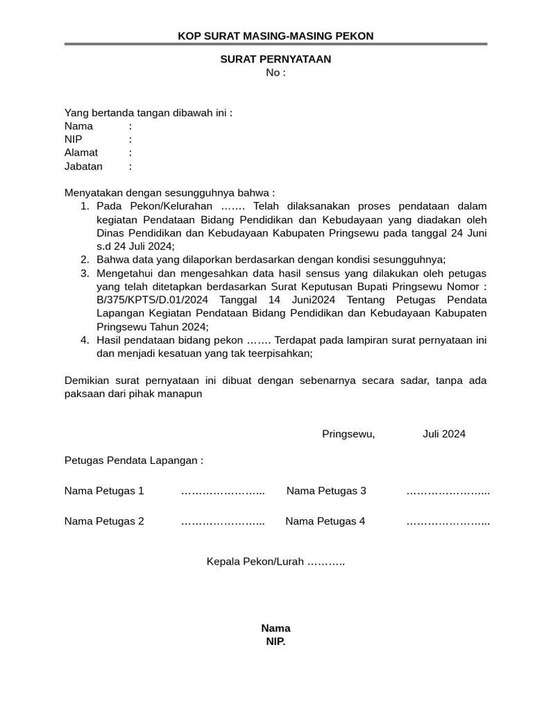 Template Surat Pernyataan Kepala Pekon | PDF