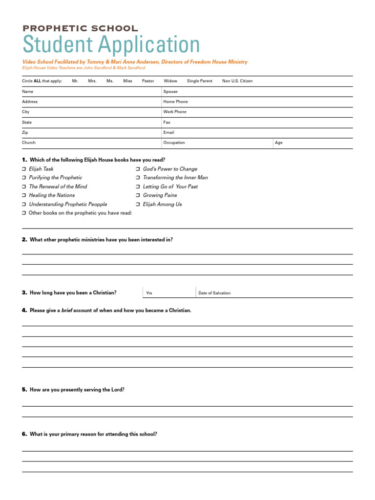 Prophetic School Student Application | PDF | Elijah