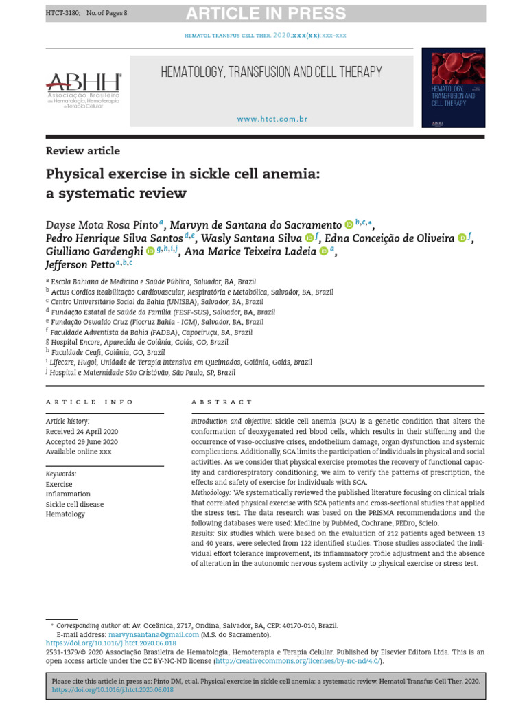 Hematology, Transfusion and Cell Therapy: Physical Exercise in Sickle ...