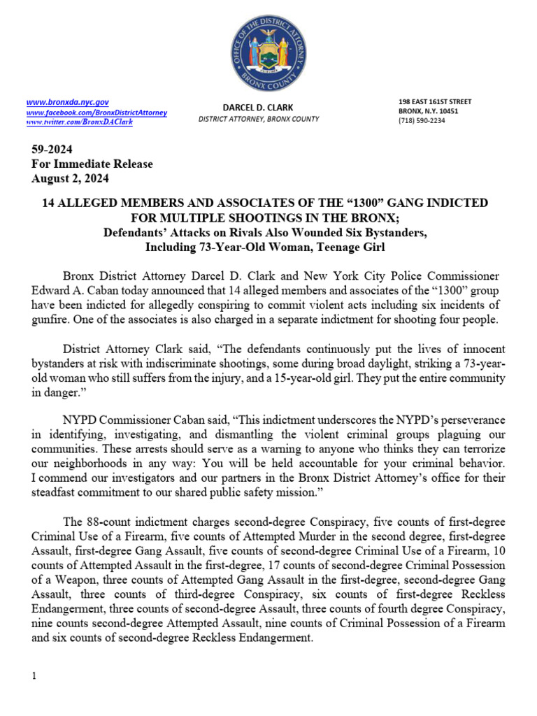 59 2024 14 Men Indicted 1300 Crew Takedown | PDF | Murder | Assault