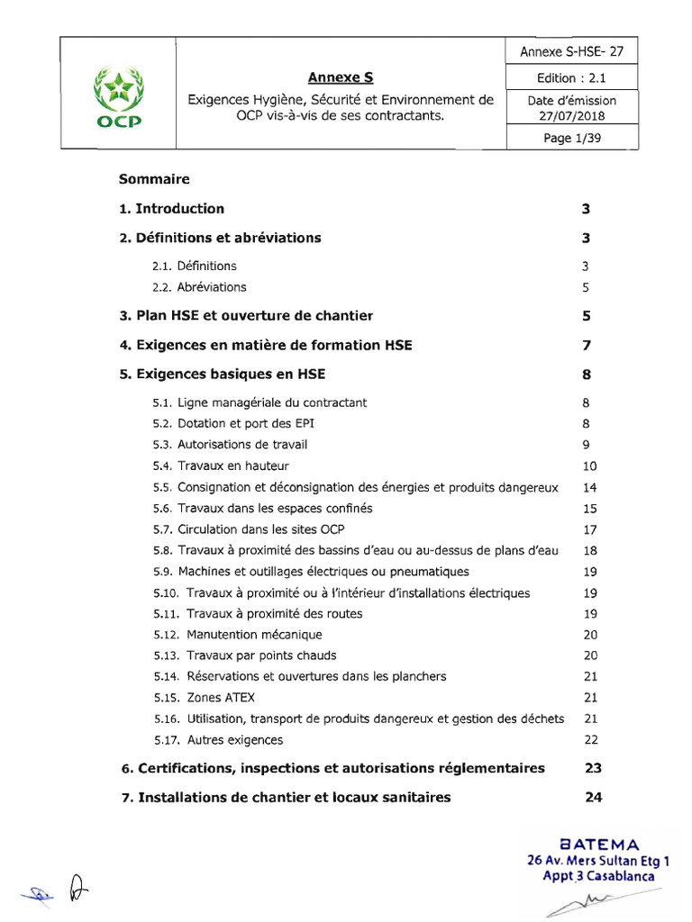 Annexe S - Exigences HSE de OCP Vis À Vis de Ses Contractants Signé ...