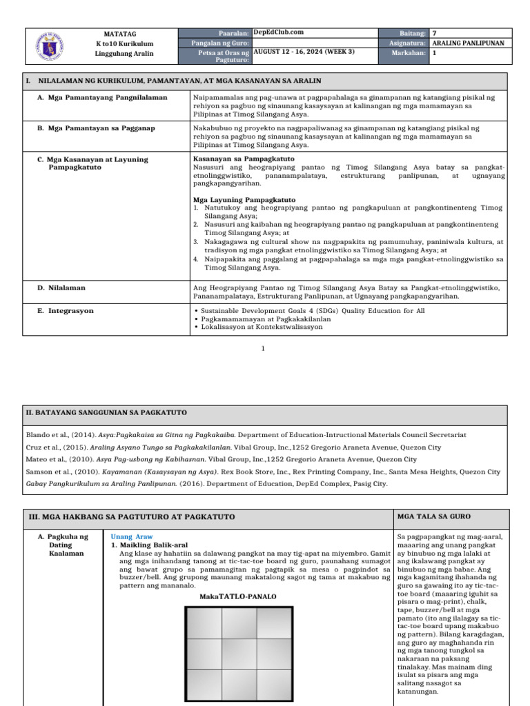 DLL MATATAG - ARALING PANLIPUNAN 7 Q1 W3 Lesson 2 | PDF DLL MATATAG - ARALING PANLIPUNAN 7 Q1 W3 Lesson 2 | PDF