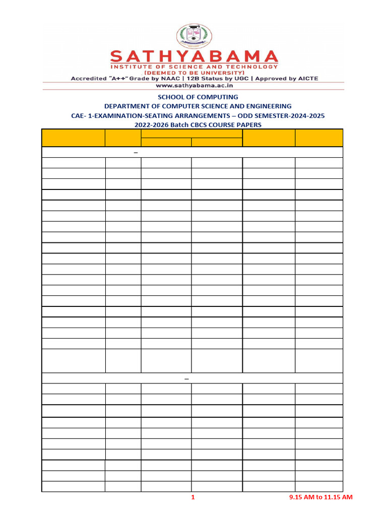 Dept Of-Cse (B.e-Cse-2022 - 2026) - Cae-1 Cbcs Course - Seating Arrangement | PDF | Engineering ...
