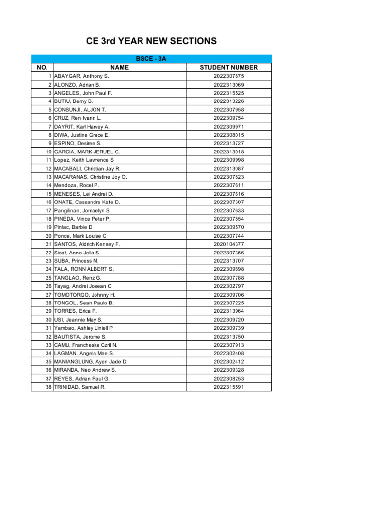 BSCE 3rd Year Student List | PDF