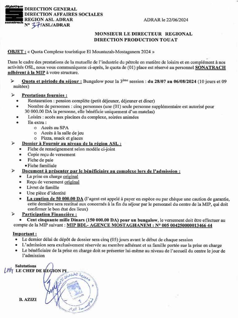 Quota Complexe EL MONTAZAH Mostaganem 2024 (DP TOUAT) | PDF