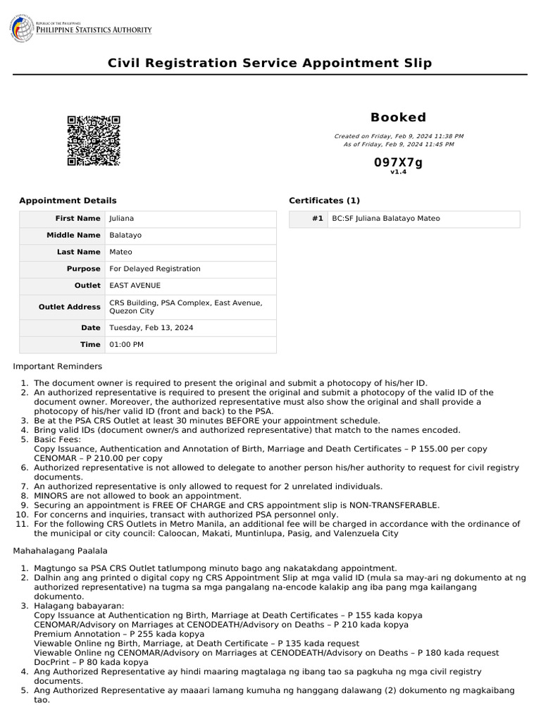 Civil Registration Service Appointment Slip | PDF