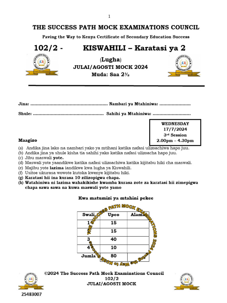 Mock Kiswahili P2 QS 2024. | PDF