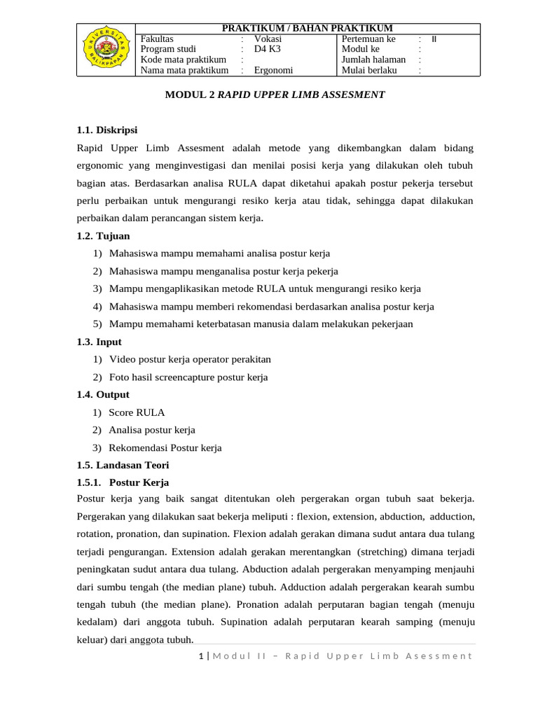 Modul II Rapid Upper Limb Asessment | PDF | Komputer | Teknologi & Rekayasa