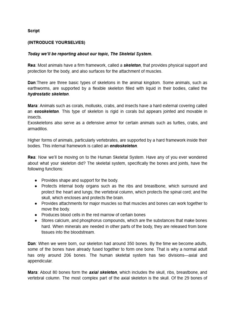 Script_ Skeletal System | PDF | Skeleton | Bone