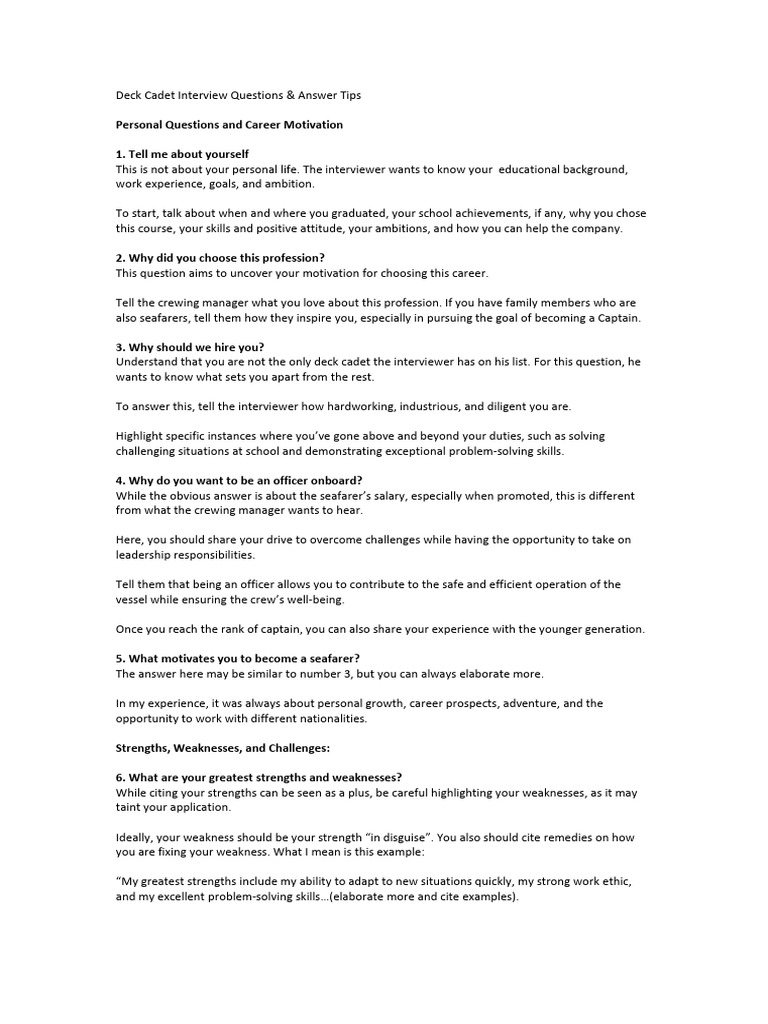 Deck Cadet Interview Questions | PDF | Career & Growth