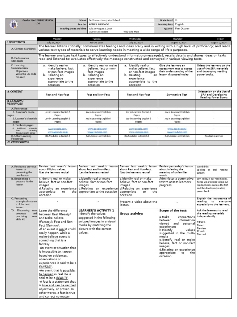 DLL Q1 W2 Eng 5 6 | PDF | Experience | Learning