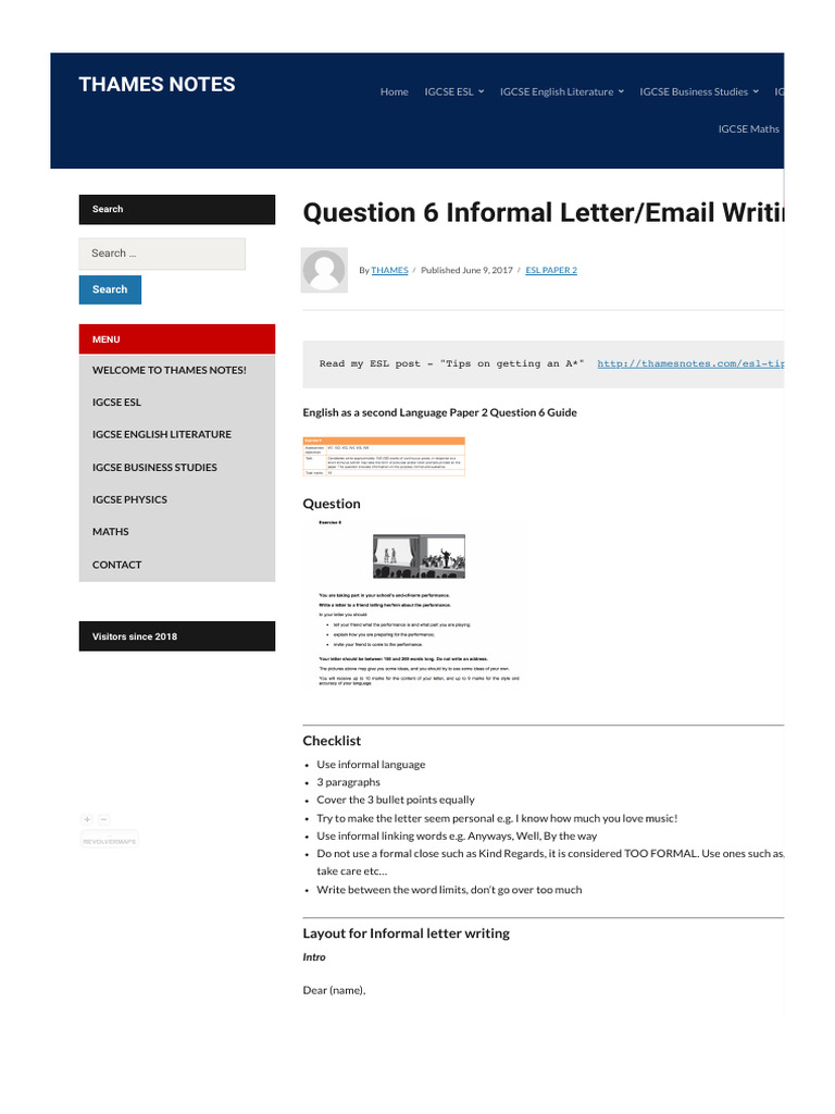 IGCSE English As A Second Language Question 6 Informal Letter Writing | PDF | English As A ...