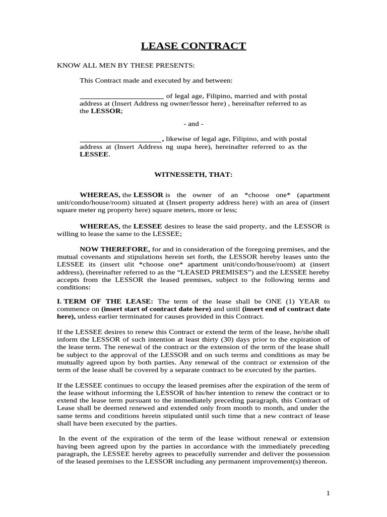 CONTRACT OF LEASE Long Term | PDF | Lease | Renting