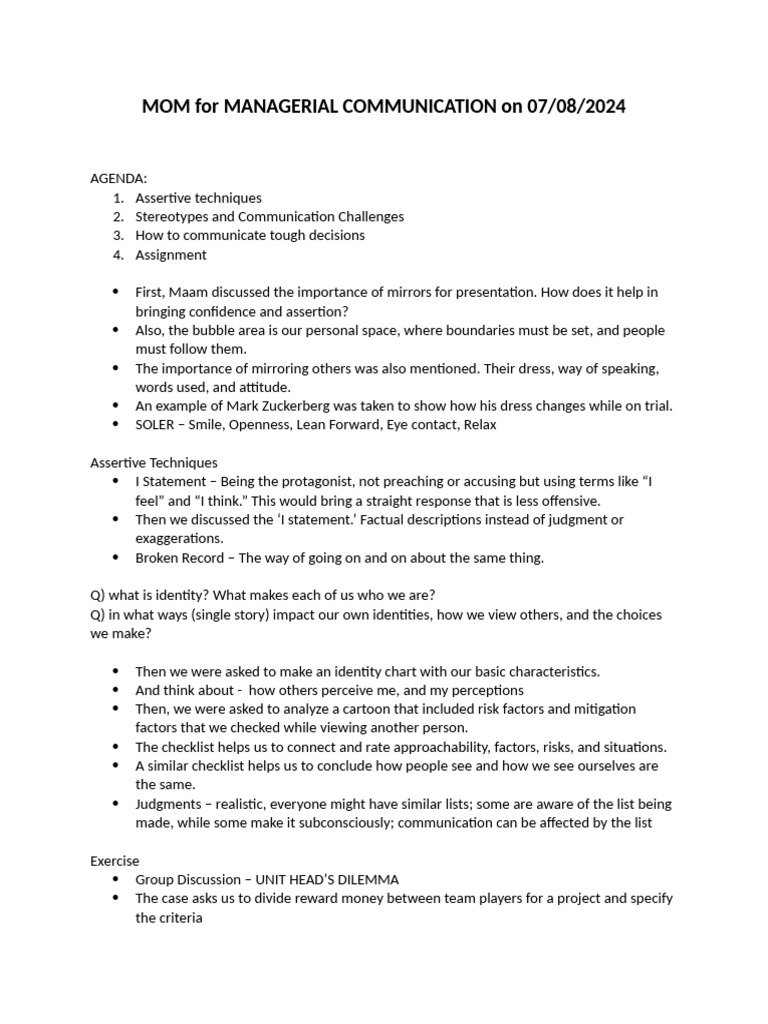 MOM For MANAGERIAL COMMUNICATION On 07 | PDF | Communication | Risk