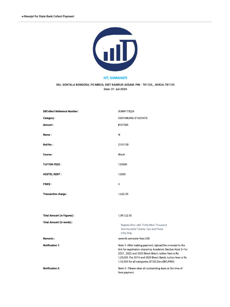 IIIT Guwahati Fees 7th Semester -210724 | PDF