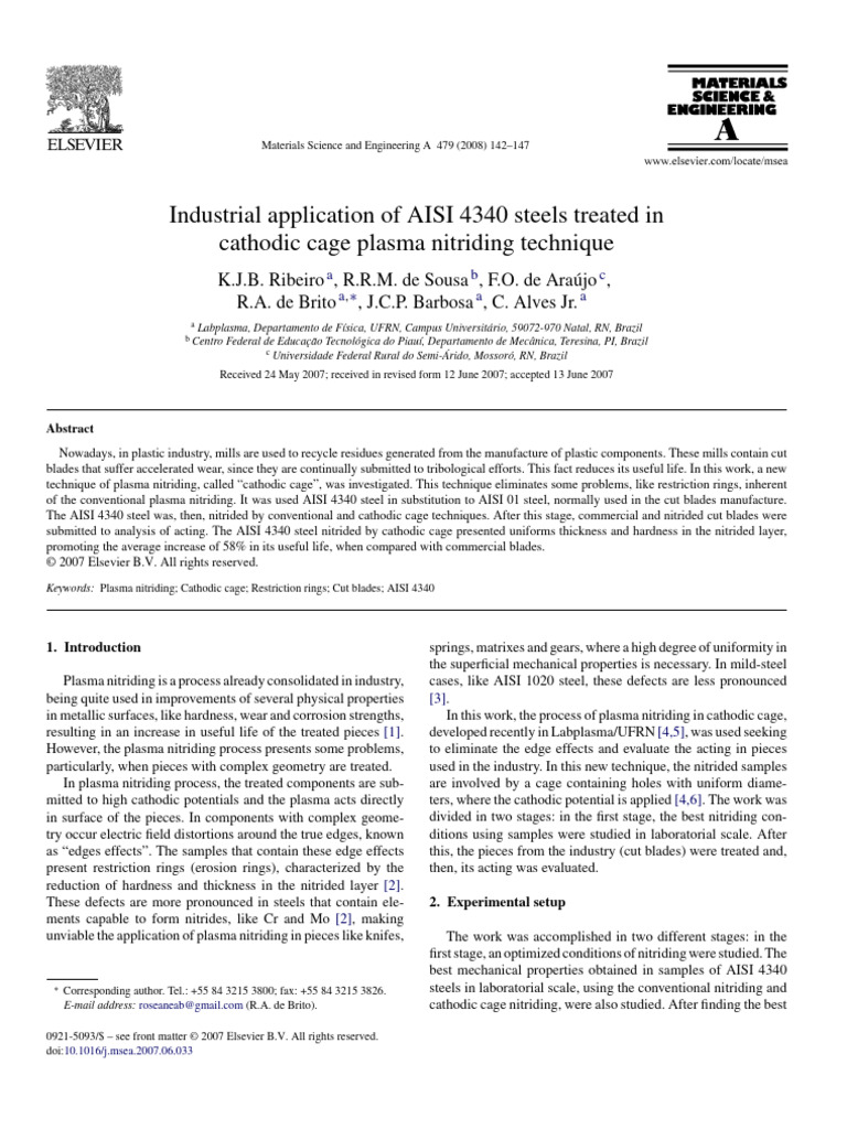 Industrial Application of AISI 4340 Steels Treated in | PDF | Sputtering | Scanning Electron ...
