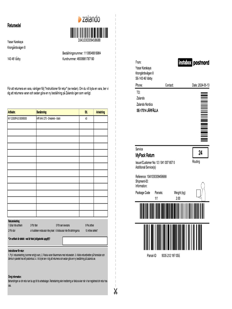 Zalando Returnsheetlabel 11106046818964 | PDF