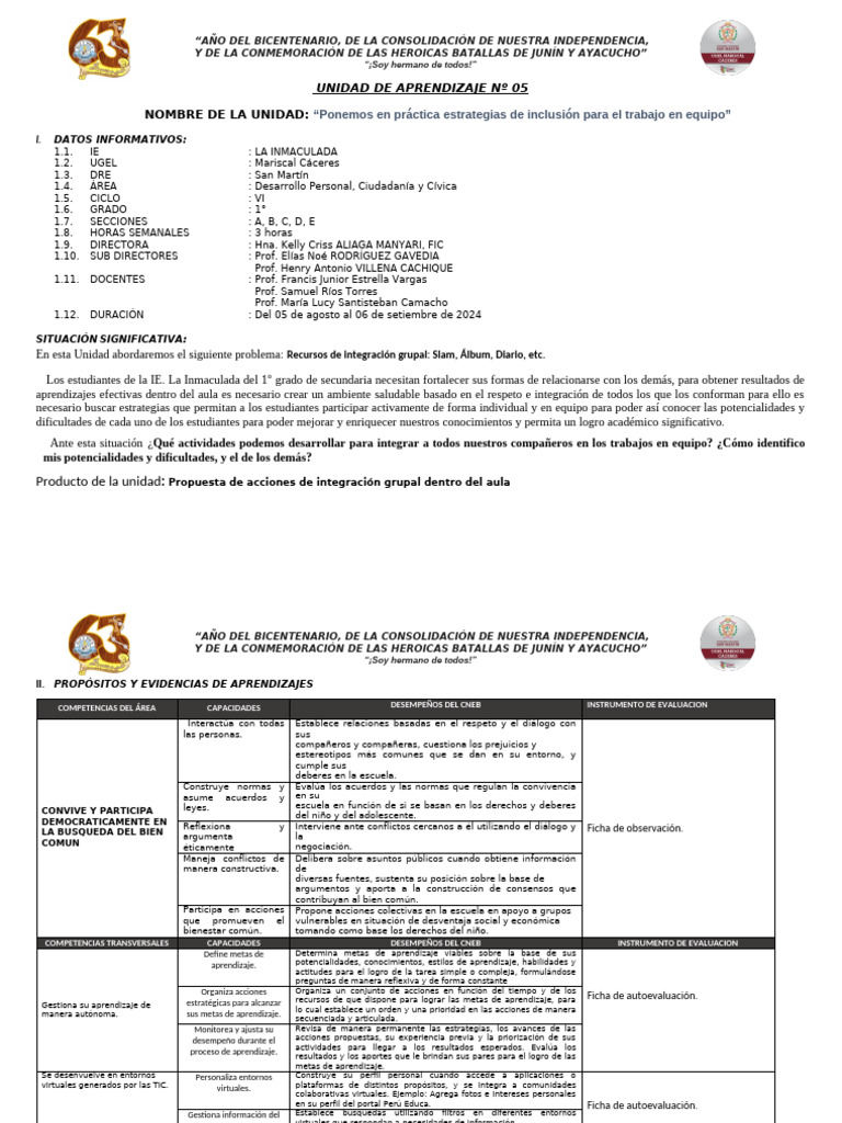 Unidad 05-DPCC 1° Secundaria. | PDF | Aprendizaje | Evaluación