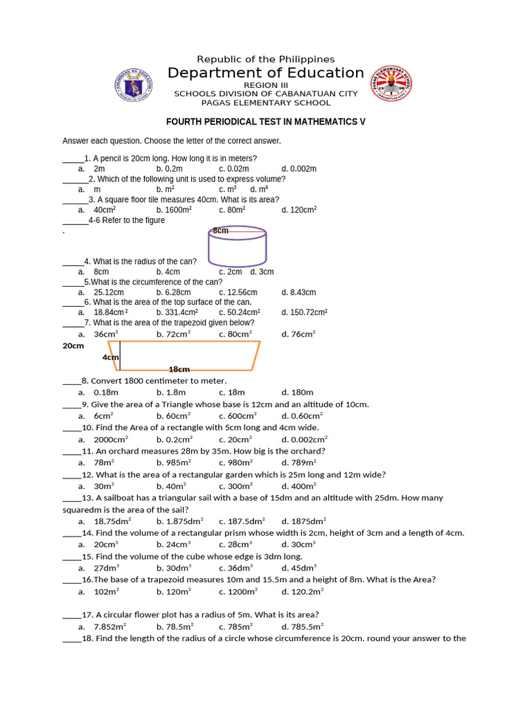PT_MATHEMATICS 5 - Q4 V1 | PDF | Melting Point | Area