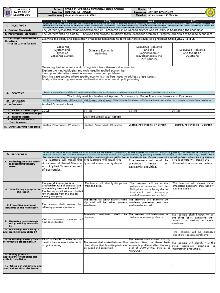 Apec Q1 Week 2 | PDF | Learning | Teachers