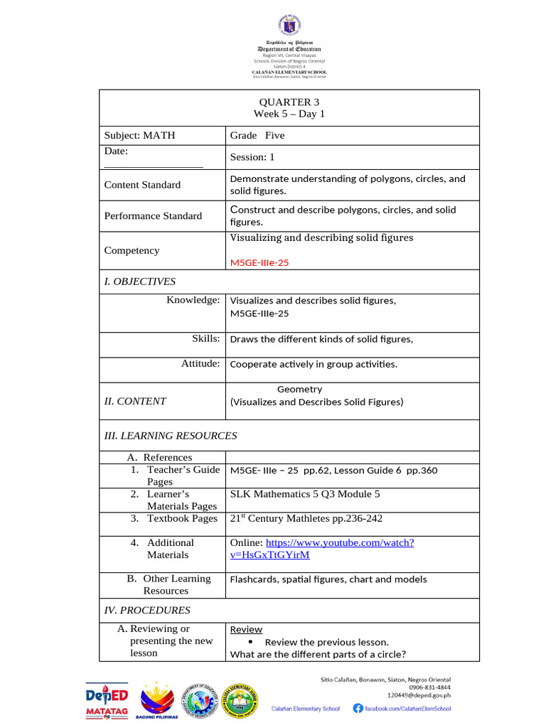 CO 2023 - Math 5 Q3 WEEK-5-Day 1 | PDF | Shape | Sphere