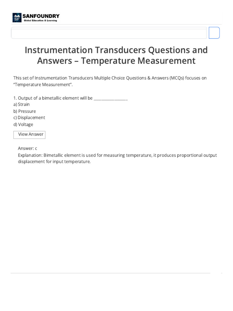 Temperature Measurement - Instrumentation Transducers Questions and Answers - Sanfoundry | PDF ...