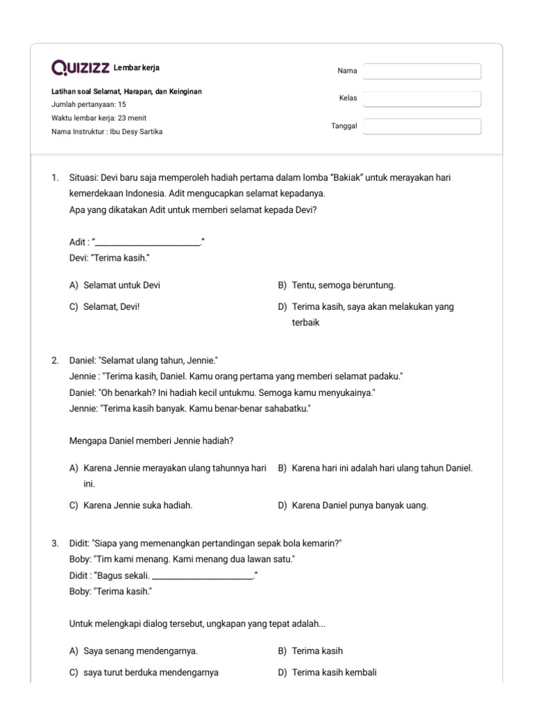 Latihan Soal Congratulations, Hope, and Wish - Quizizz | PDF