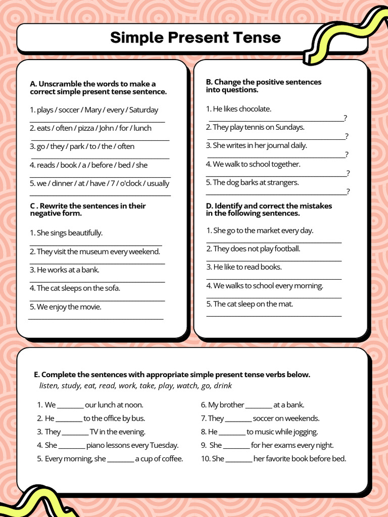Simple Present Tense Exercise Worksheet Orange Cute Simple Style ...