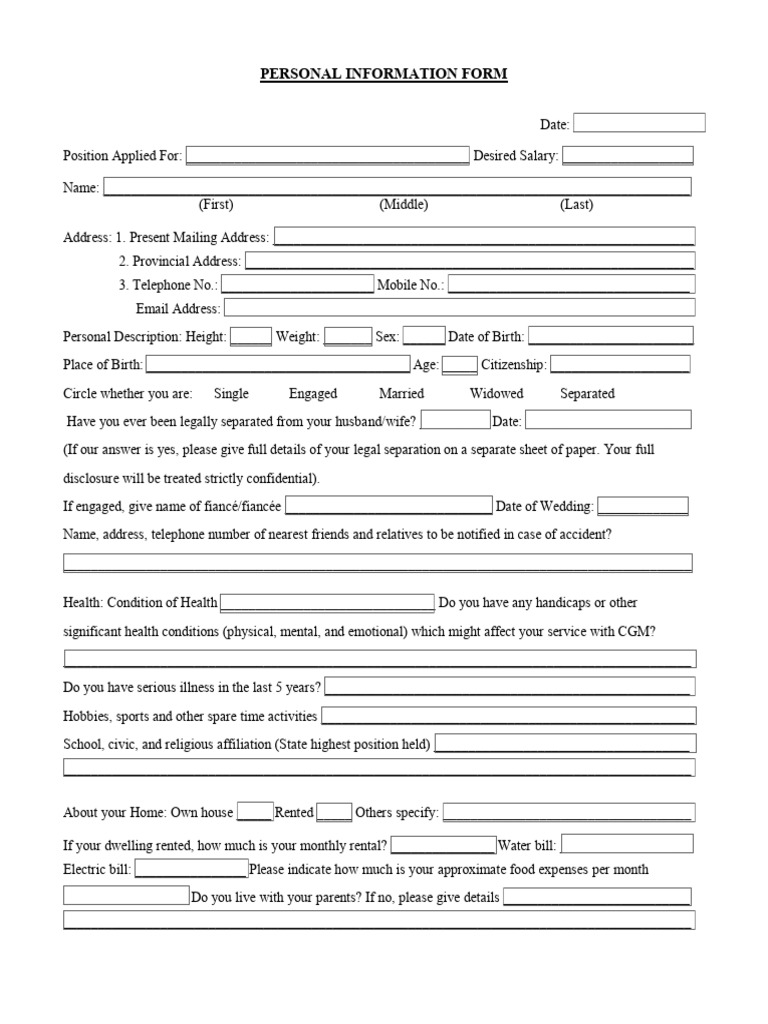 Personal Information Form | PDF