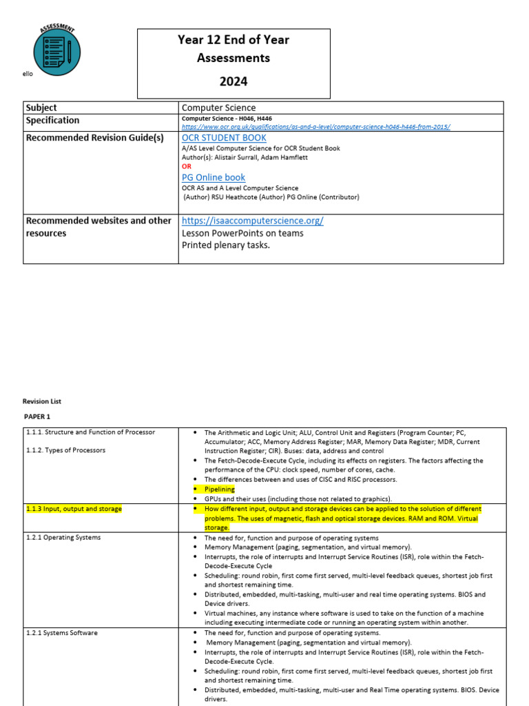 Y12 End of Year Computer Science Revision List | PDF | Computer Data ...