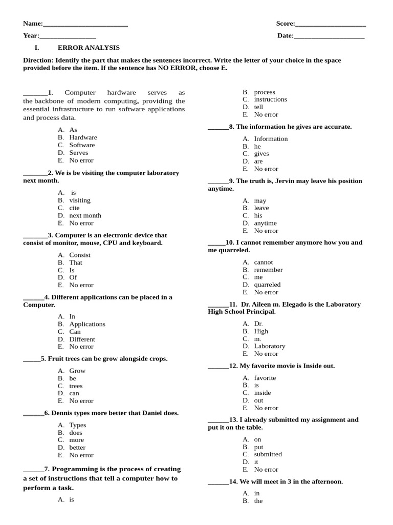 Pre Test Elp | PDF | Computer Hardware | Adverb