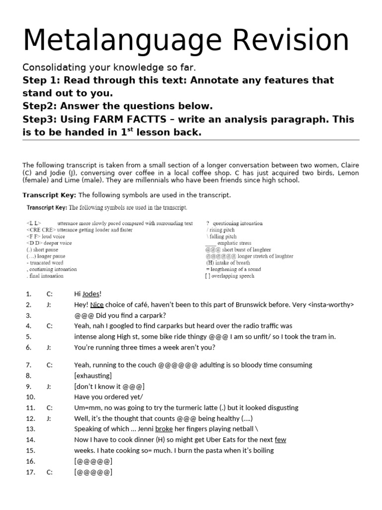 Term 1 Holiday Homework 1 AOS 1 Metalanguage Revision Task | PDF ...
