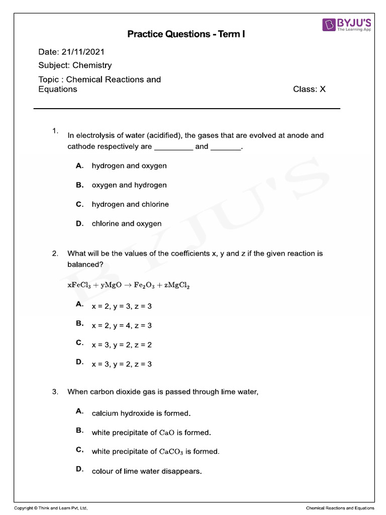 Public Question Paper Chemical Reactions and Equations | PDF