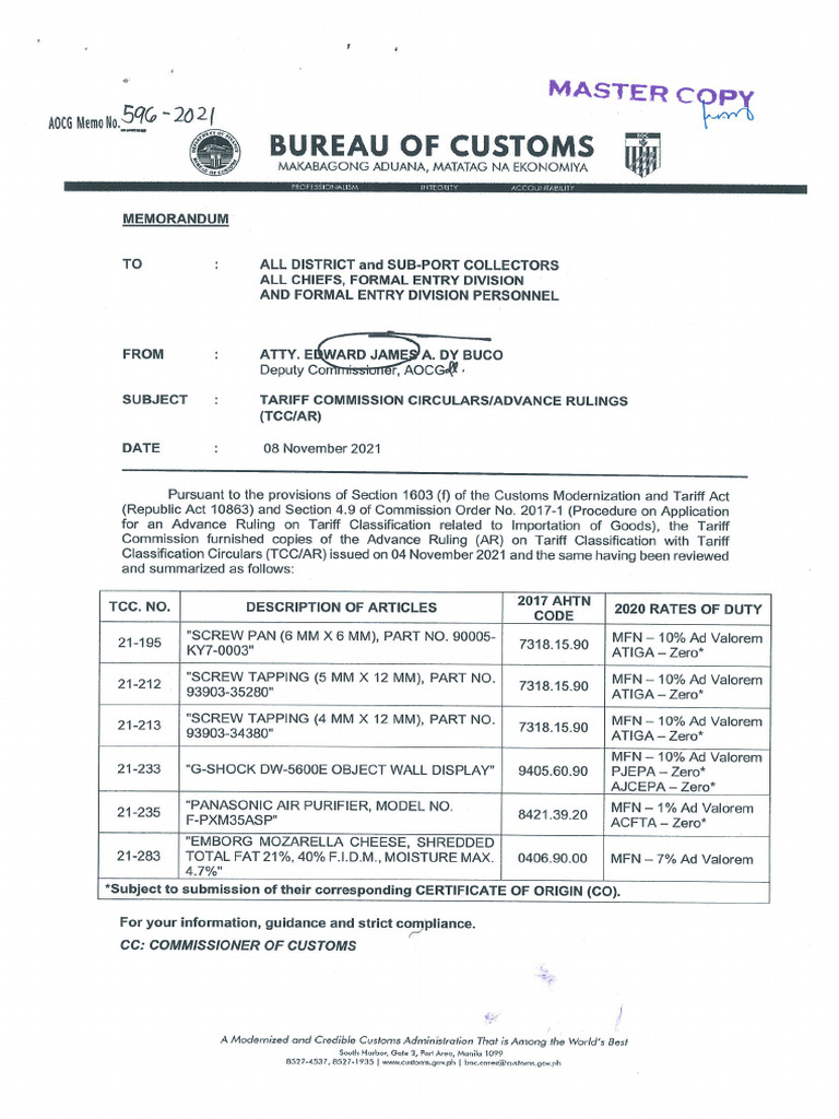 Aocg Memo 596 2021 Tariff Commission Circulars | PDF