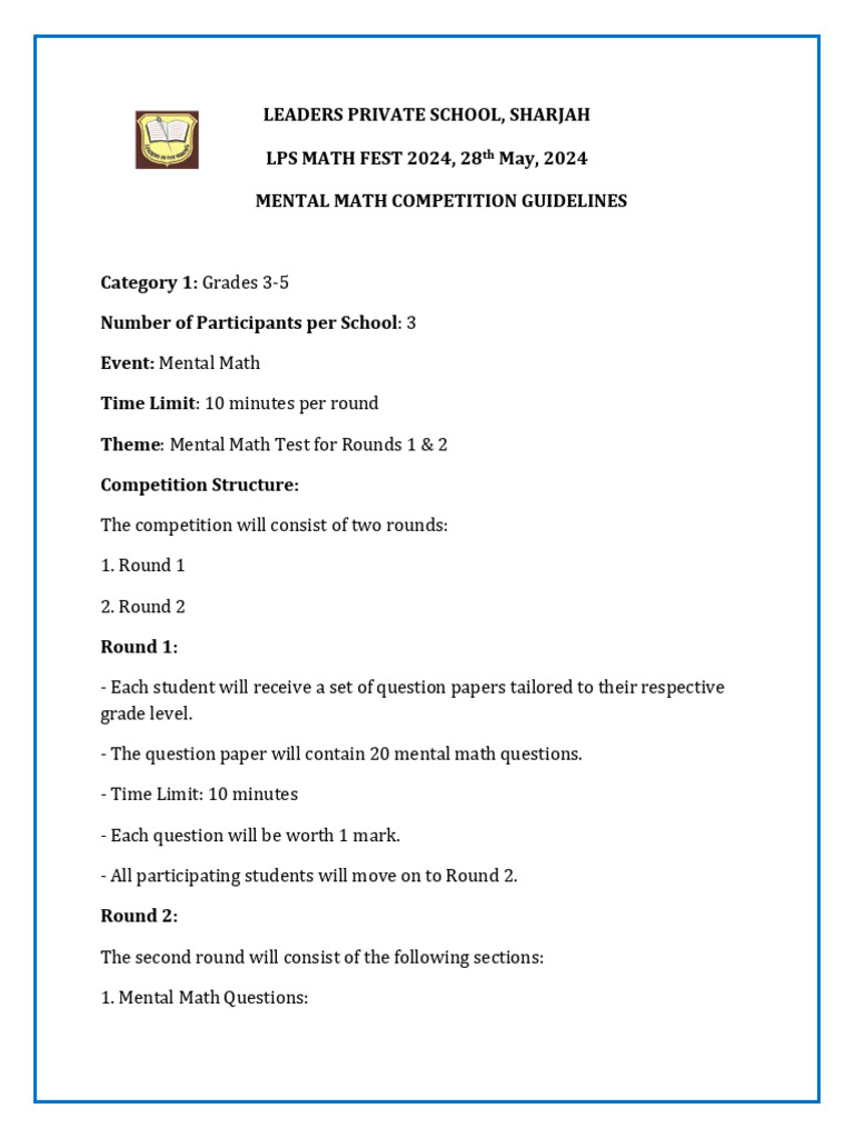Mental Math Competition Guidelines | PDF | Career & Growth | Games ...