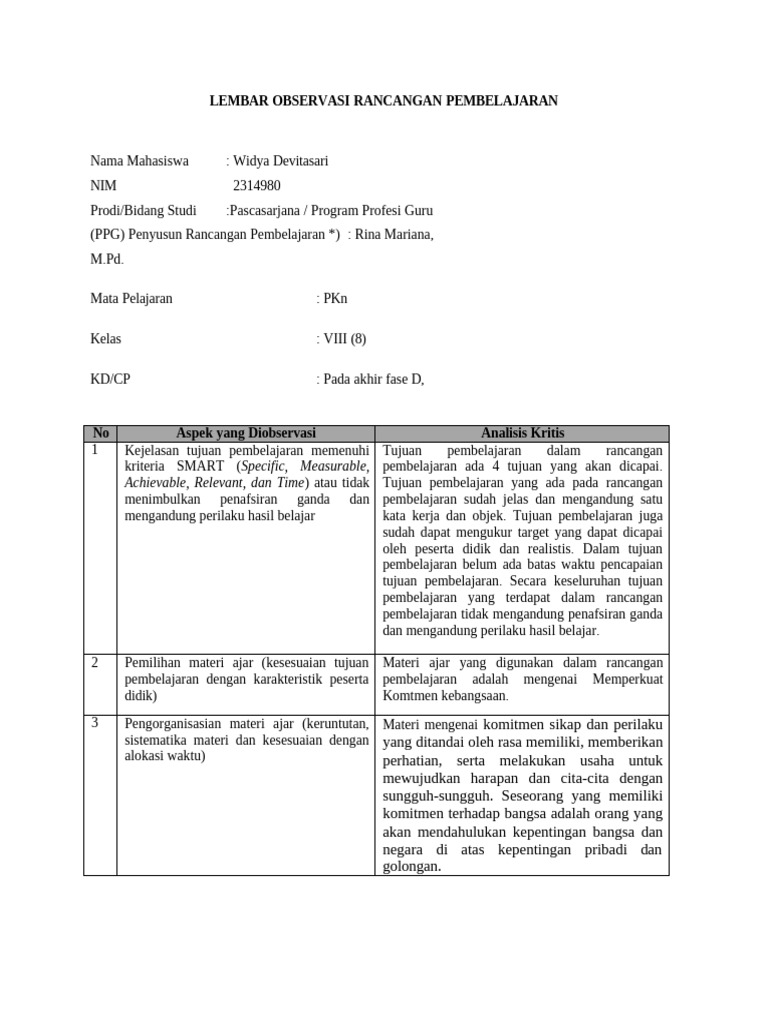 TOPIK 4. Lembar Observasi Rancangan Dan Perangkat Pembelajaran - Siklus 2 | PDF
