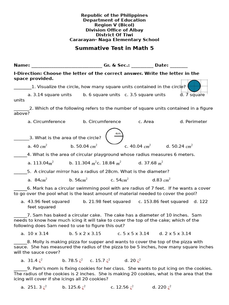 Summative Test 1 | PDF | Area | Geometric Shapes